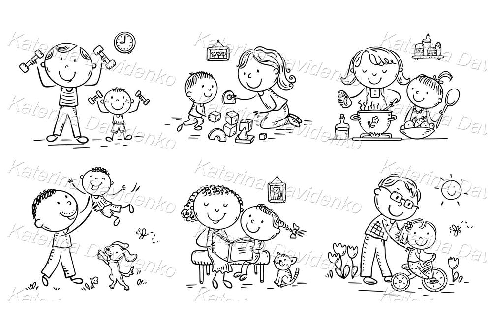Family Activities Doodle Clipart – Parent and Child Black Line Art ...