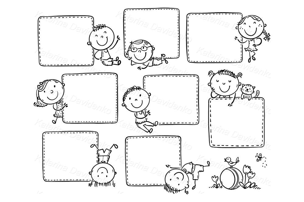 Kids with Blank Signs Clipart – Cute Black and White Doodle Set ...