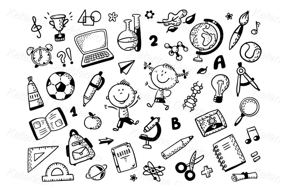 School Doodles – Black and White Education Clipart – Optimistic Kids Art
