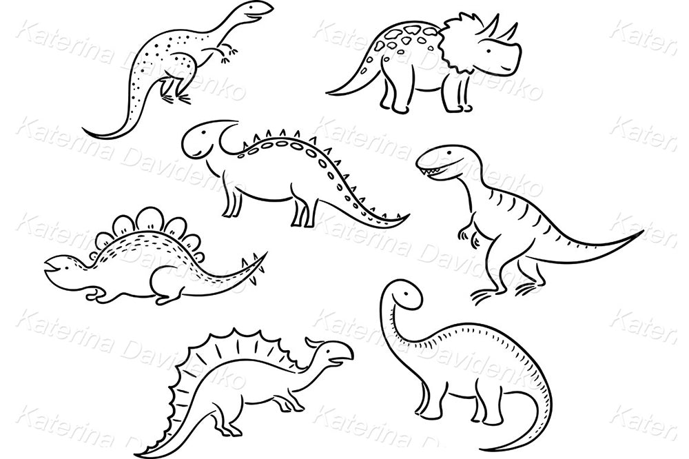 Black and White Dinosaur Clipart Set – Cute Prehistoric Vector ...