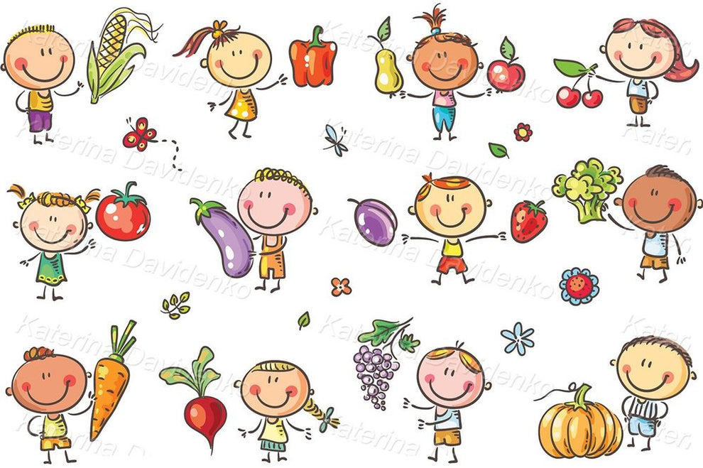 Healthy food kids clipart – cartoon children with fruits and vegetable ...