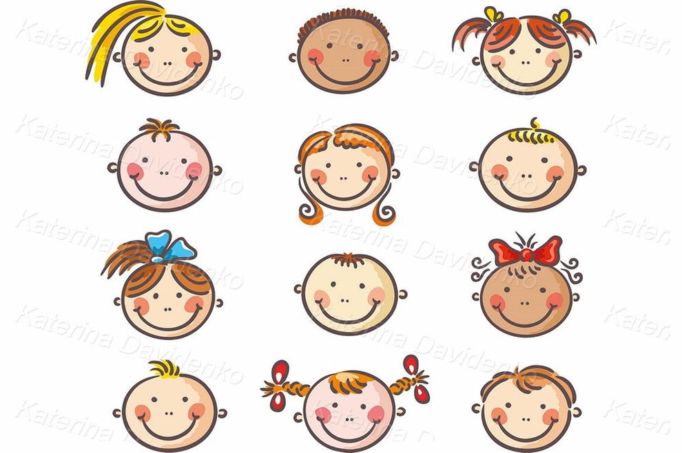 Cute Kids Faces Clipart – Cartoon Head Illustrations for Projects ...