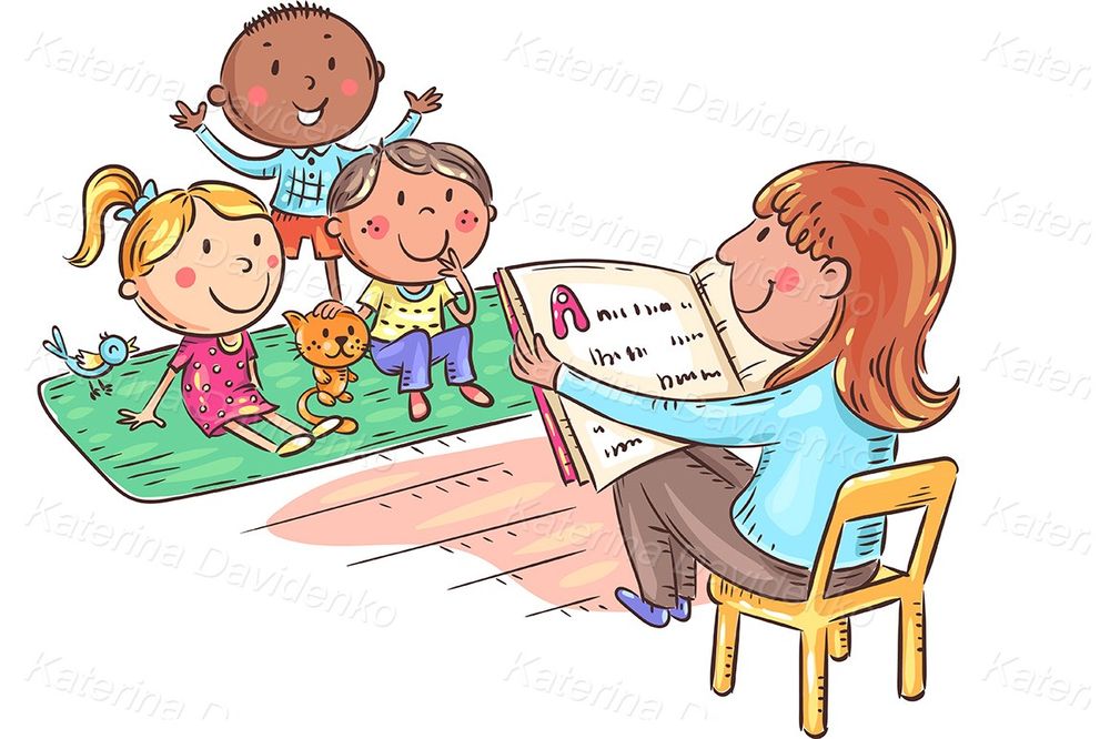 Preschool Reading Time Clipart – Teacher and Kids Illustration ...