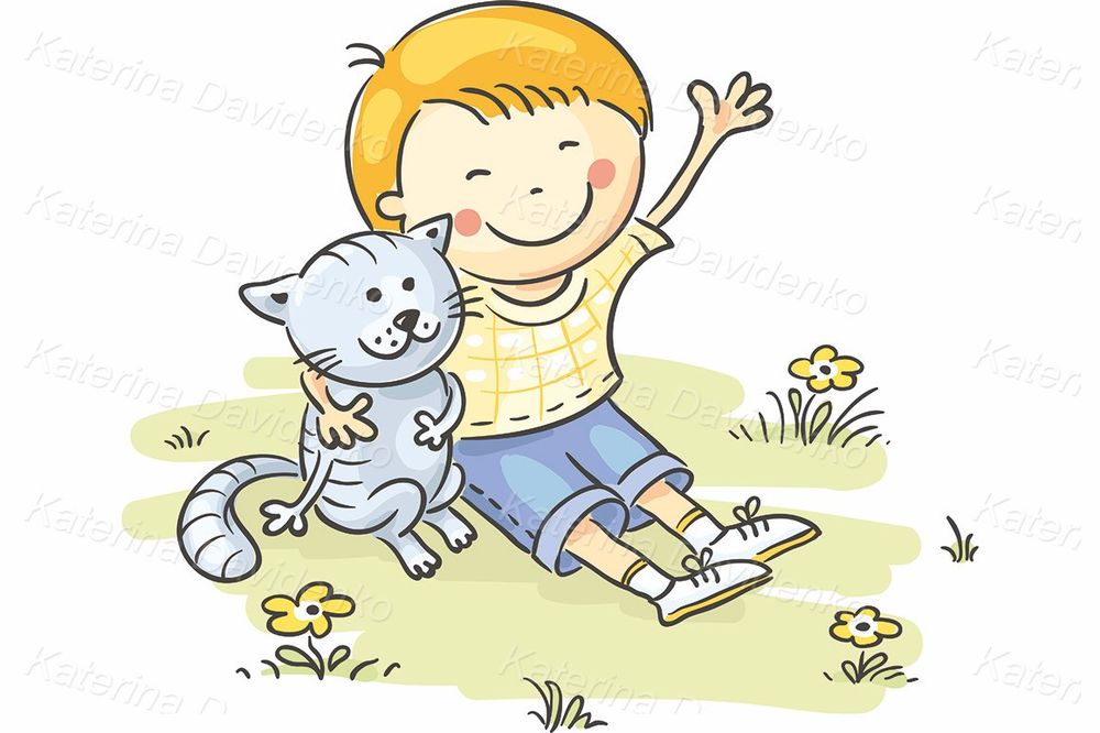 Boy and Cat Cartoon Clipart – Friendship, Pet, Outdoors – Optimistic ...