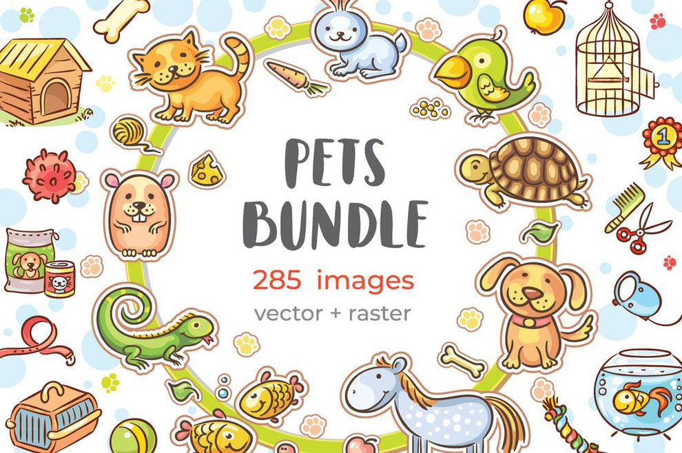 Pet clipart bundle – 285 cartoon animal illustrations for kids project ...