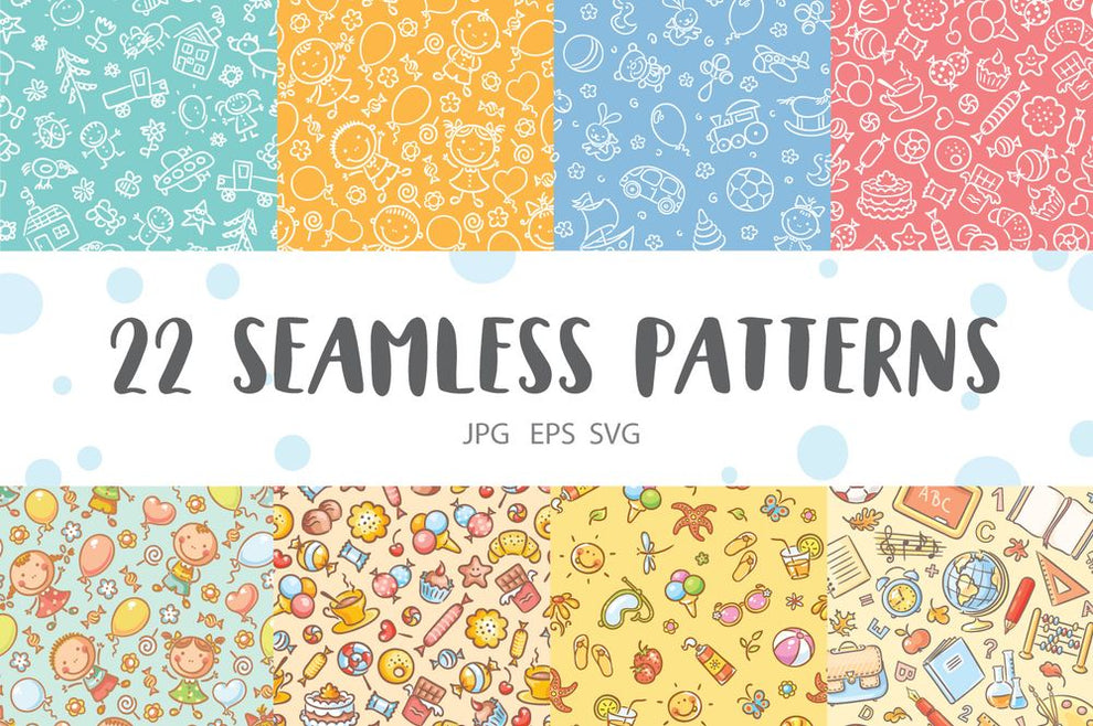 22 seamless patterns – colorful and outlined kids designs for backgrou ...
